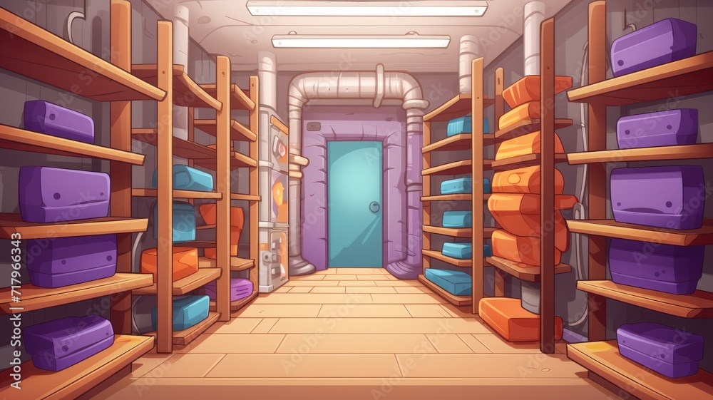 cartoon illustration organized storage room with shelves filled with ...