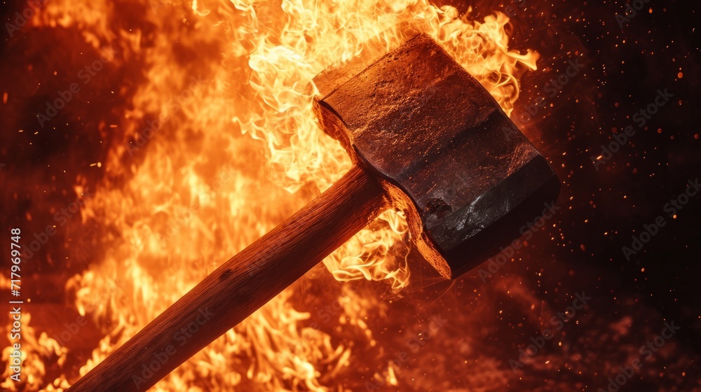 Versatile Hammer Construction Tool in fire flying on the black ...