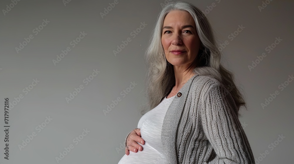 Pregnant 50 years old mature woman on a grey background Looking at the ...
