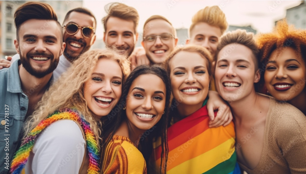 Group of young activist for lgbt rights with rainbow flag, diverse ...