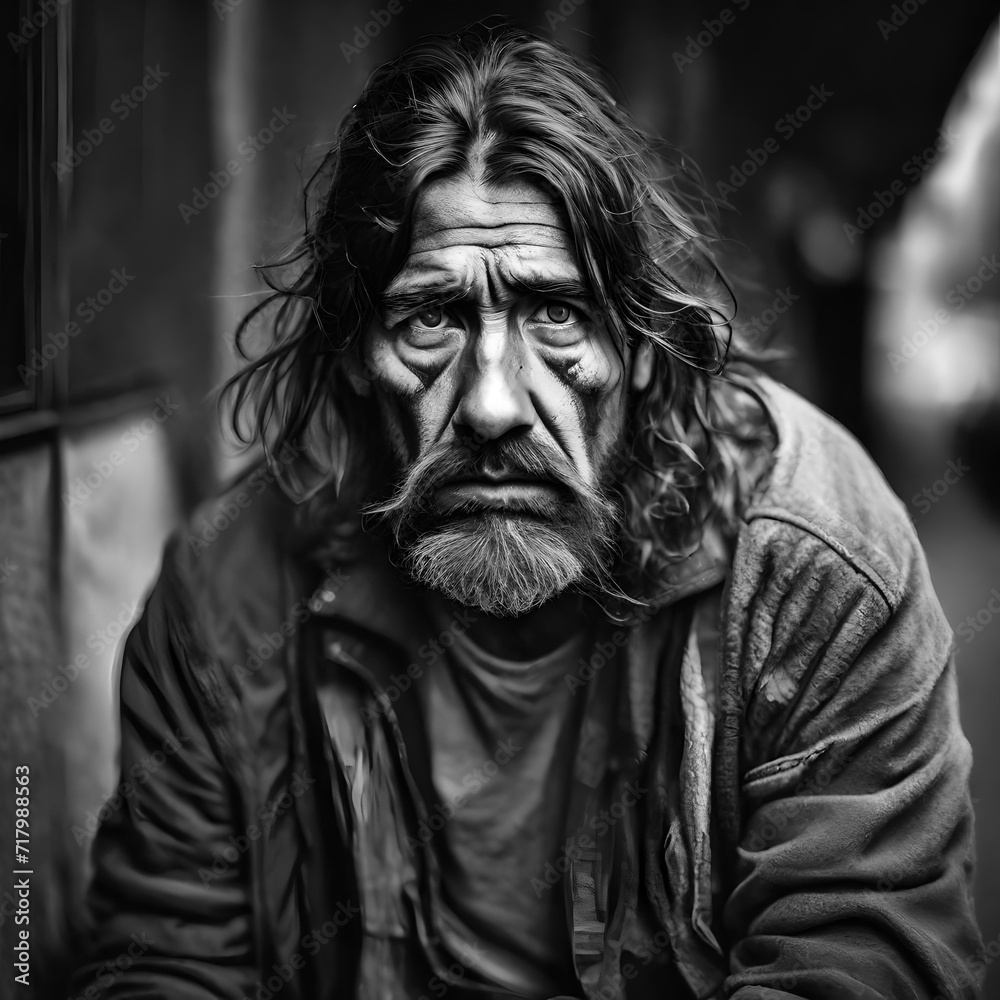 Photo Stock A homeless man with long unwashed hair and dirty clothes ...