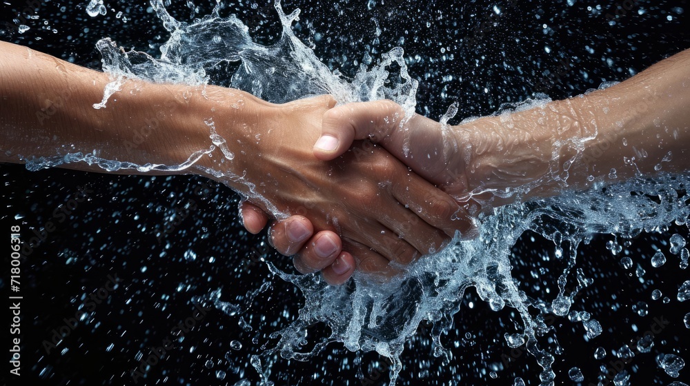 Ilustração Firm Handshake Business Symbol in water splashes on the ...