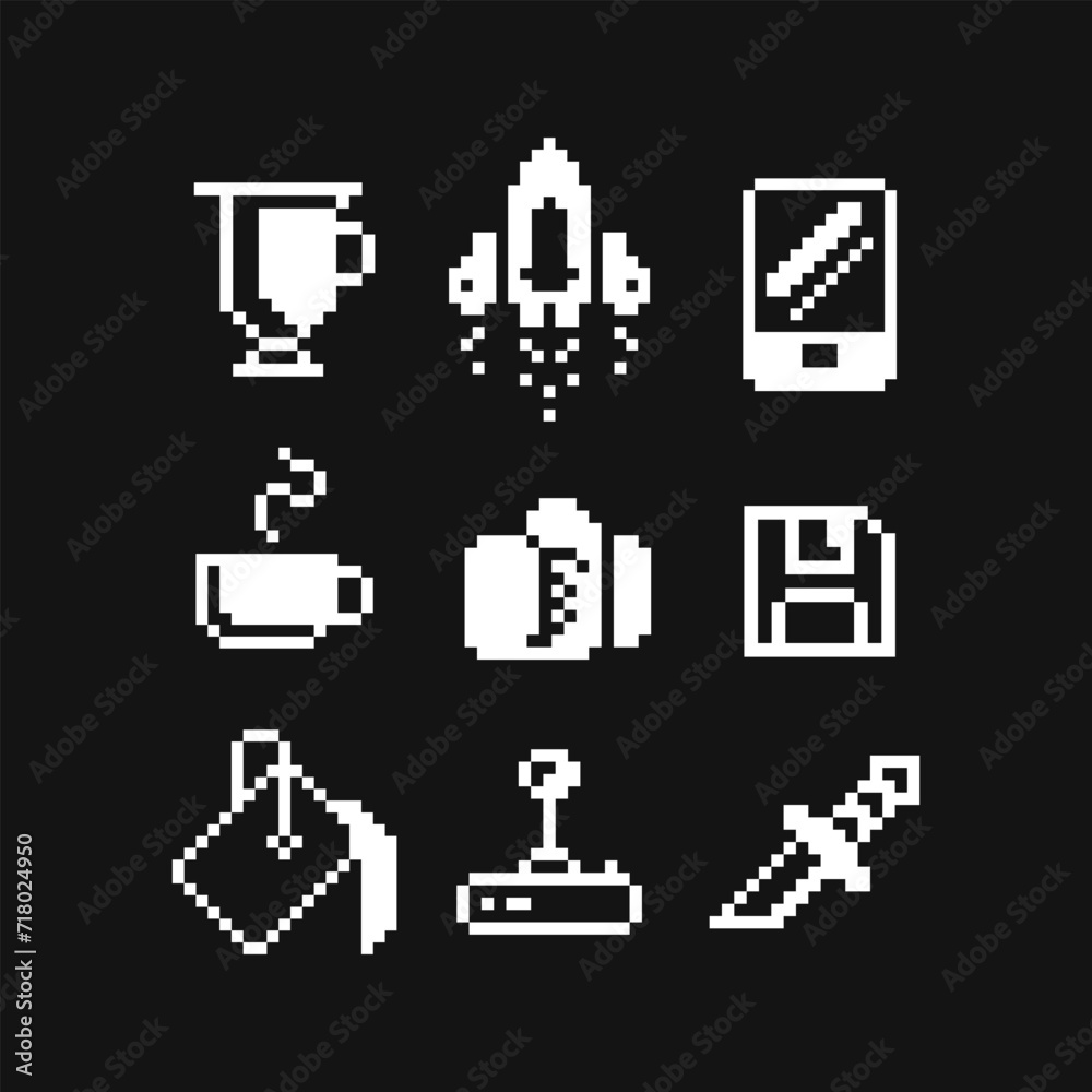Set of 8-bit pixel icons. Isolated vector illustration. Black and white ...