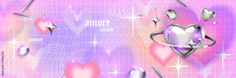 Y2k blur gradient heart background, futuristic vector love poster ...