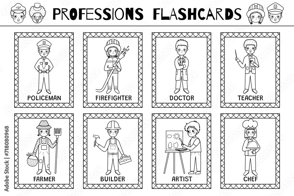 Professions flashcards black and white collection. Occupation flash ...