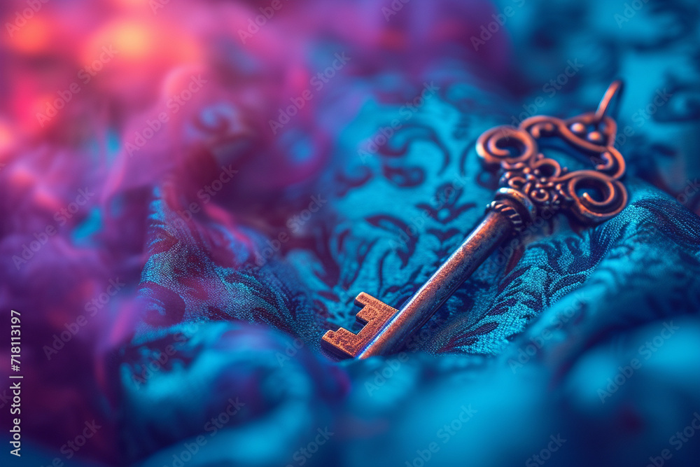 key on a plush surface with a fancy modern blurry background, evoking a ...