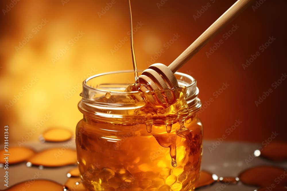a wooden dipper with melted sweet honey and a glass jar filled with ...