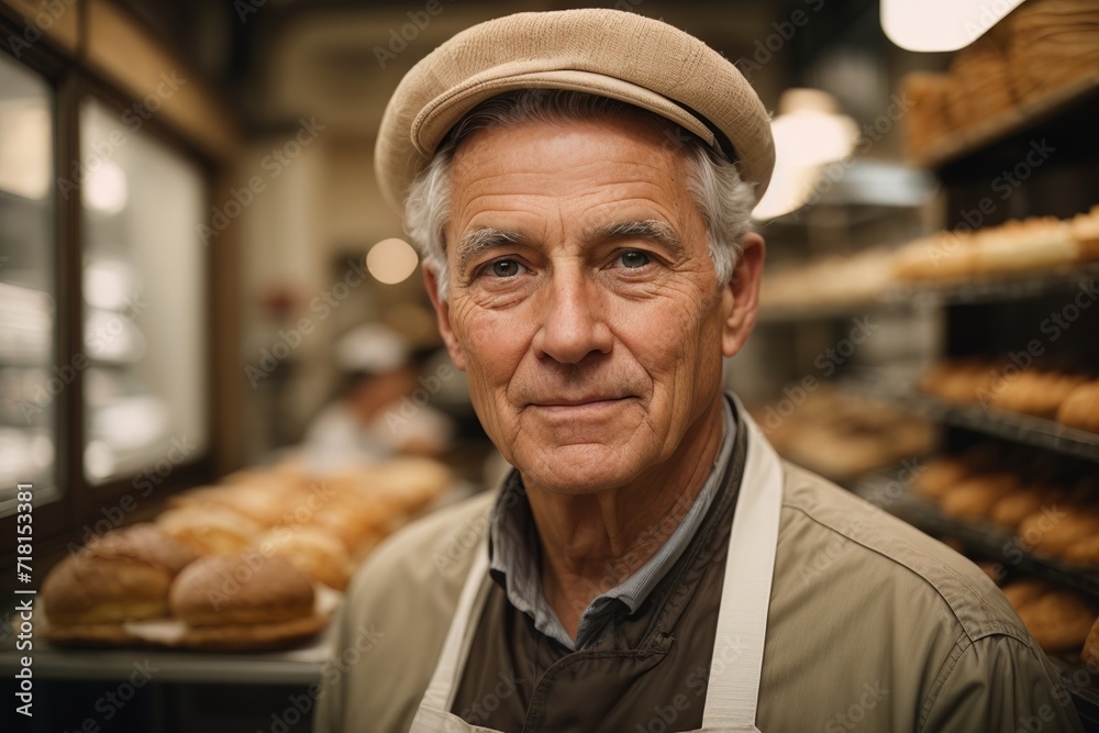 Portrait of senior man baker in an apron nad beret in a bakery on bread ...