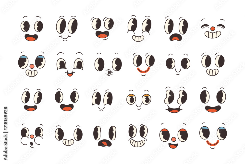 Set of 70s groovy comic faces vector. Collection of cartoon character ...