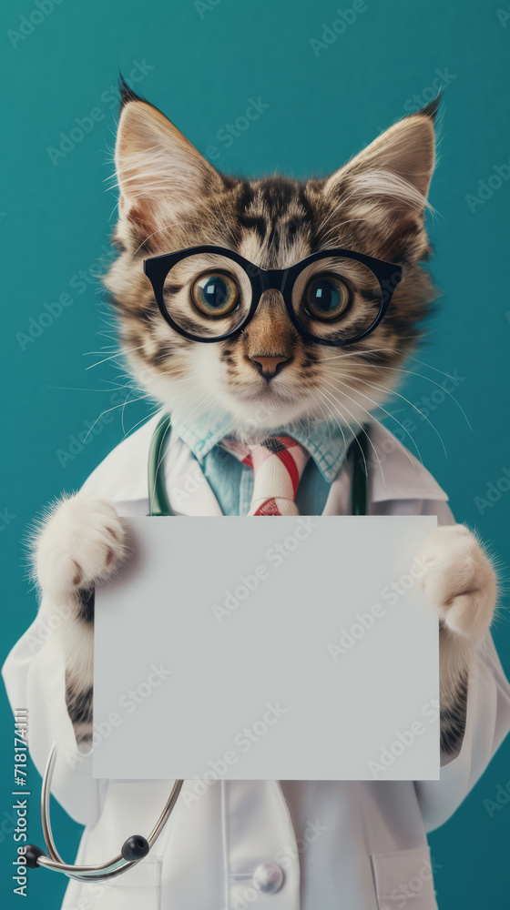 Cute tabby cat dressed as a vet doctor with glasses, holding a blank ...