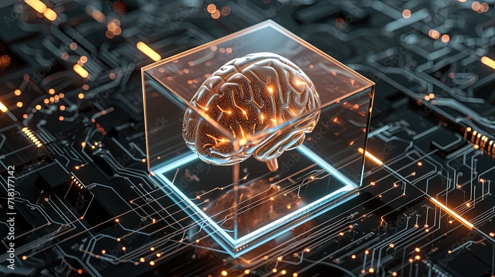 Human thinking brain inside Clear silicone cube plugged into ...