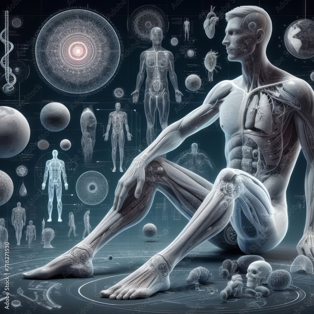Transparent full-body human anatomy showcasing muscular system in a ...