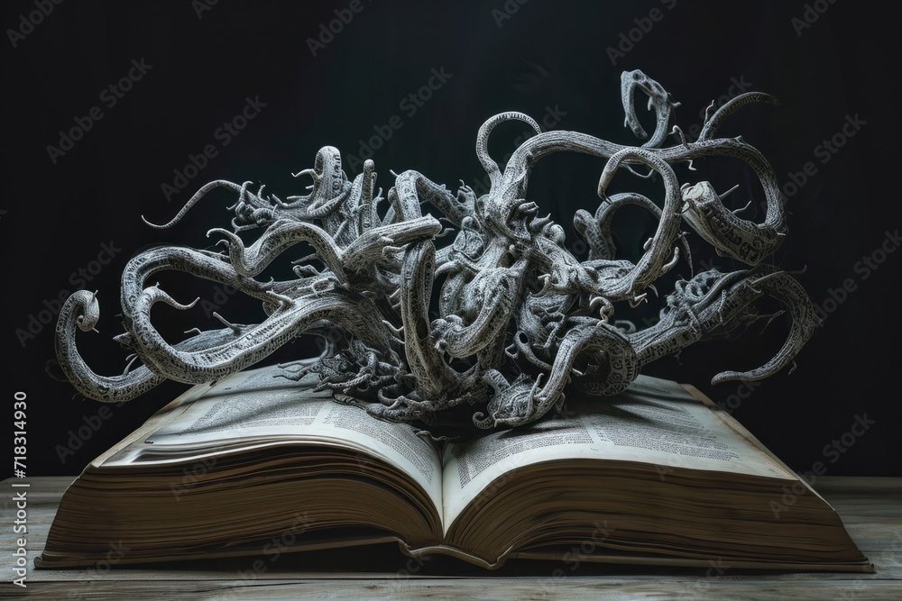 Old book with tentacles coming out of it on wooden table. Dark ...