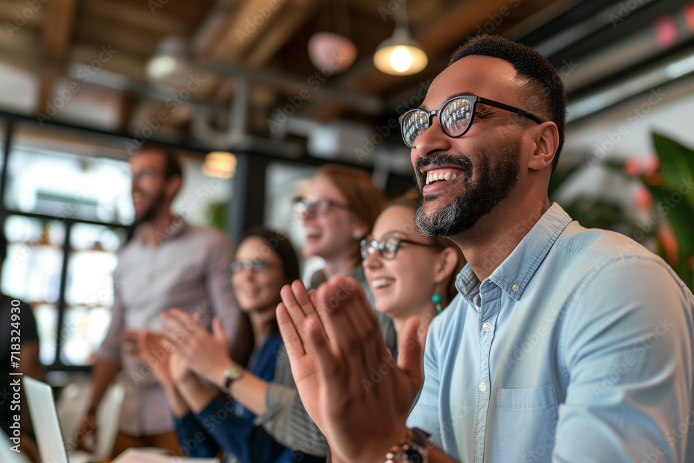 An image capturing the moment of employee recognition with colleagues ...