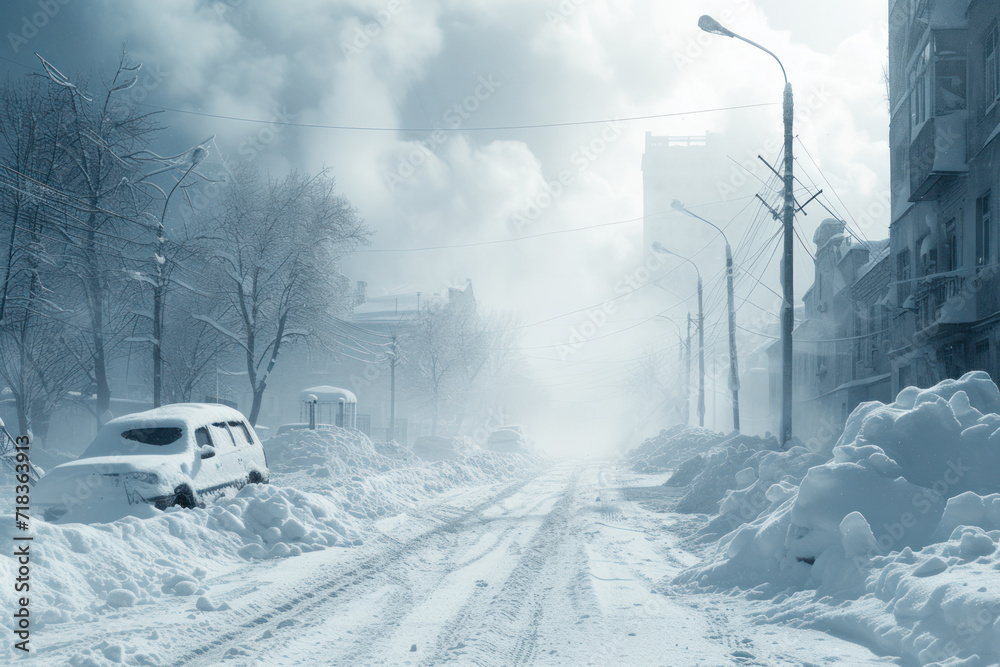 Overcast. Natural disasters winter, blizzard, heavy snow paralyzed city ...