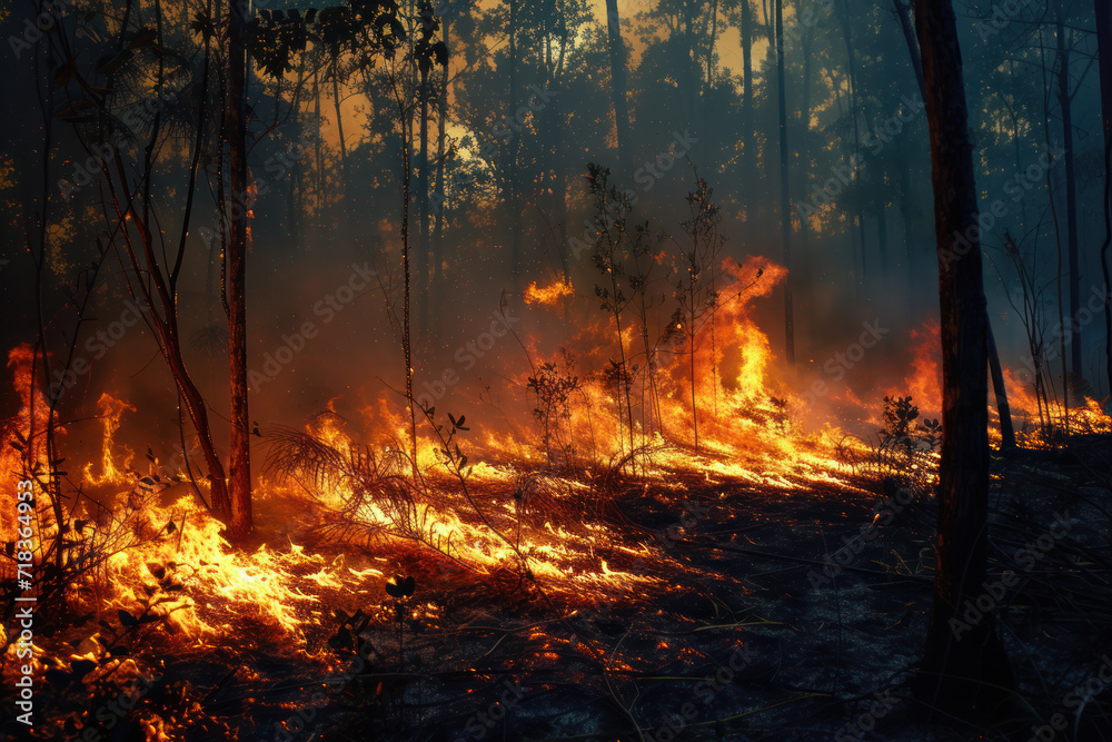 Huge wildfire burning severely in Florida jungle woods. Hot flames in ...