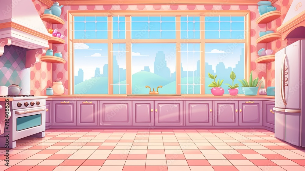 cartoon illustration Old kitchen interior. Stock Illustration | Adobe Stock