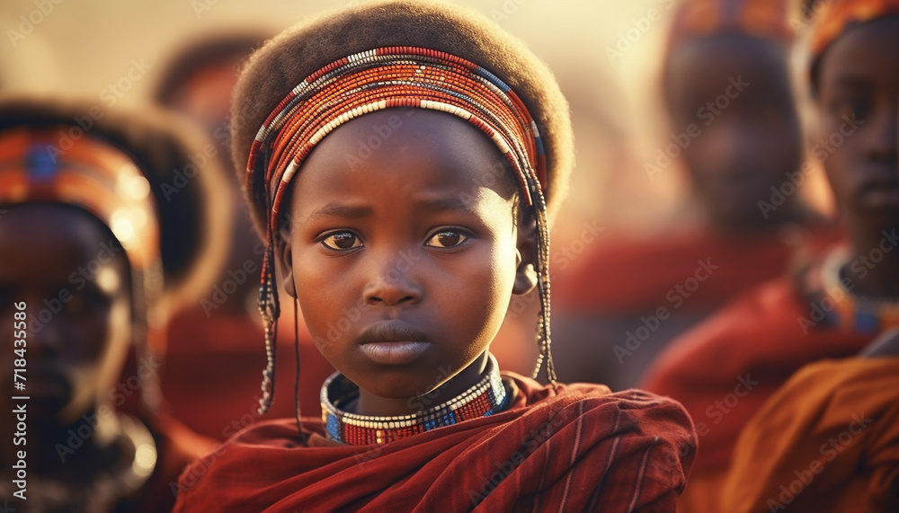 Smiling African child in traditional clothing represents indigenous culture generated by AI ...