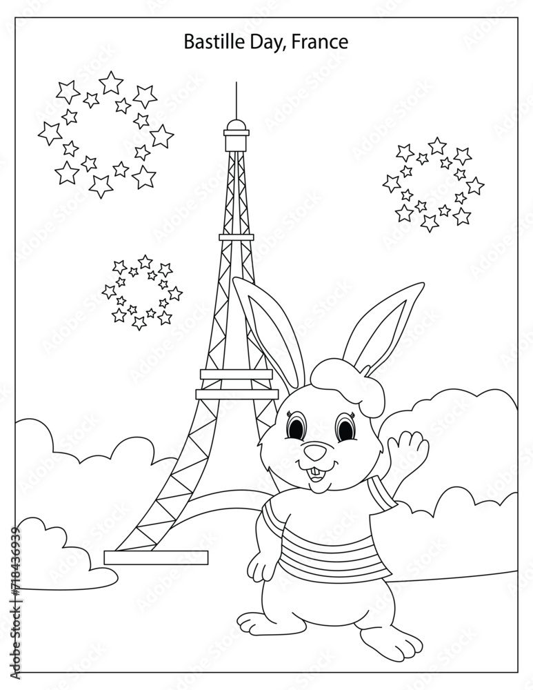 Bastille Day Celebration in France with cute rabbit coloring page for ...