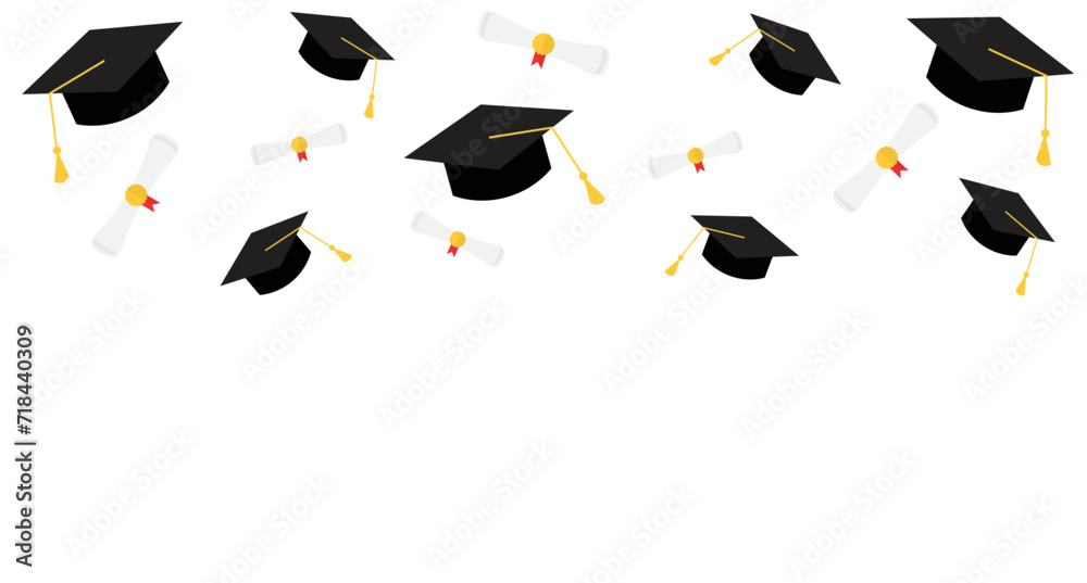 Mortarboard falling graduation cap diploma certificate border frame ...