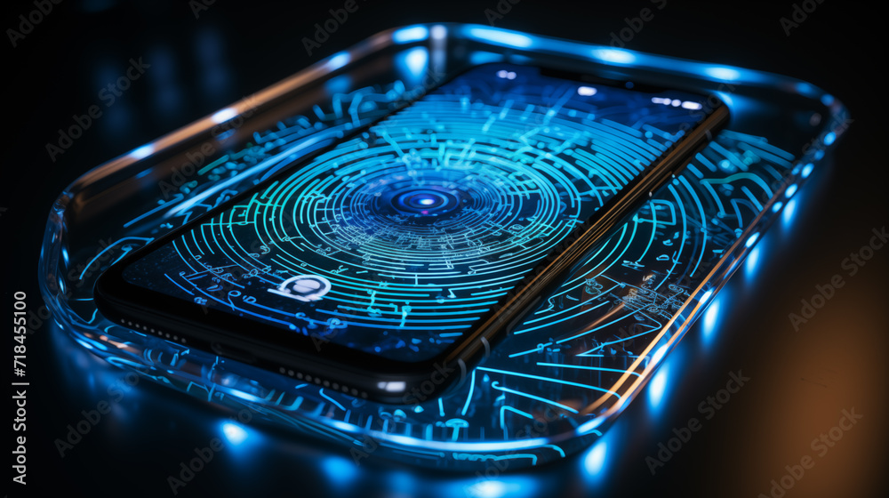 A modern smartphone displaying a 3D holographic projection of a circuit ...