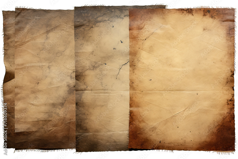 collection of three stained grungy vintage / antique paper sheets with ...