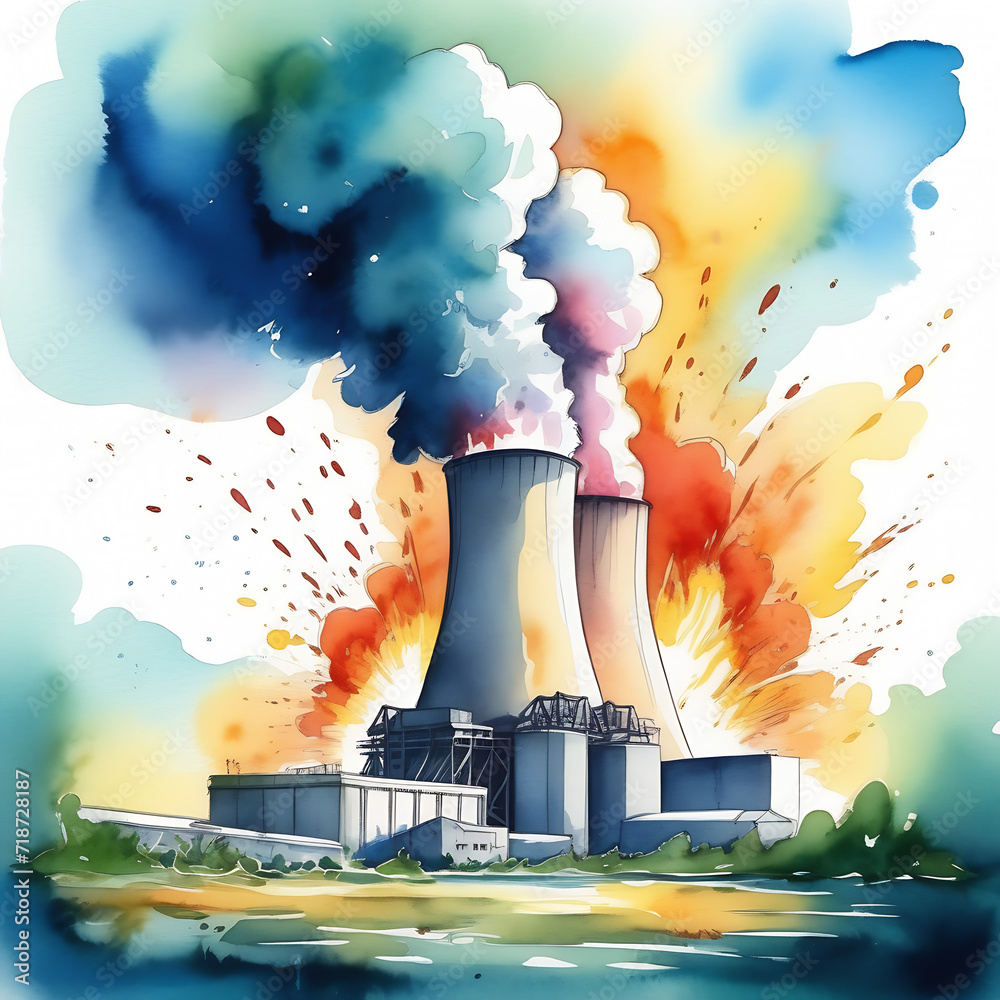 Big nuclear power plant explosion. Watercolor painting of ecological ...