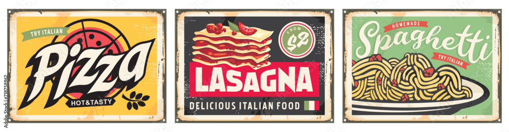 Italian food retro signs collection. Pizza, lasagna and spaghetti ...