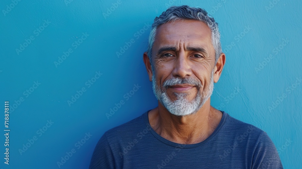 Mature hispanic man with grey hair stands against a solid blue ...
