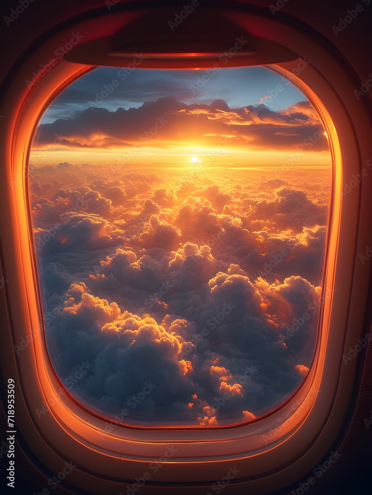 airplane window with blue sky behind illuminated with golden lights of ...
