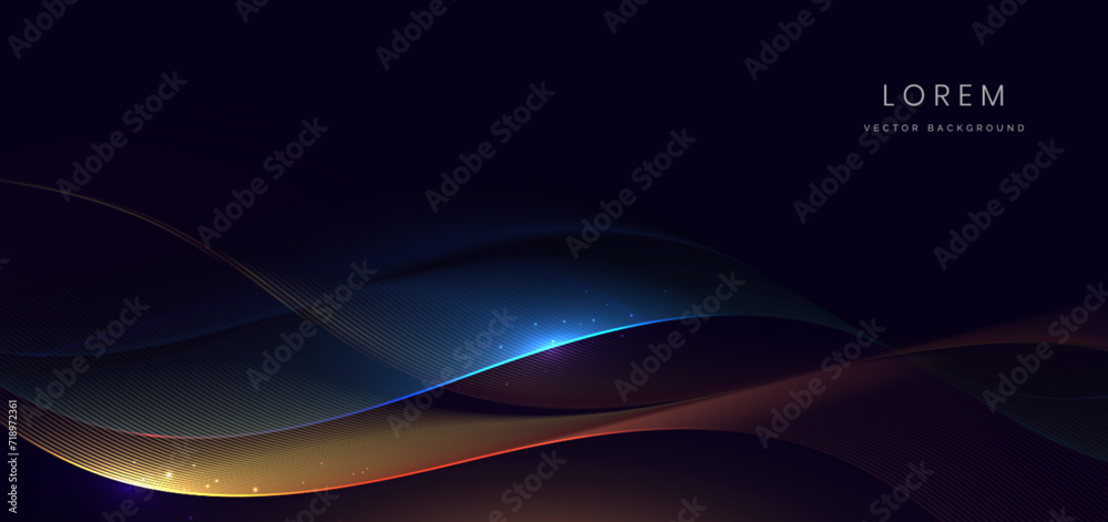 Abstract blue and gold wave lines glowing on black background with copy ...