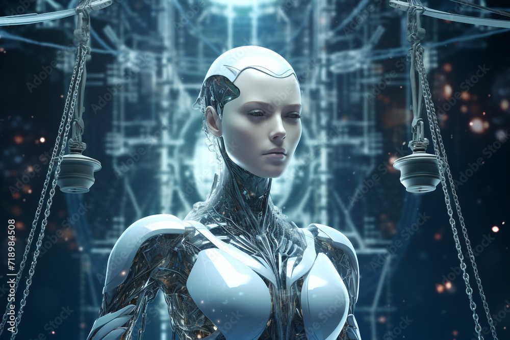 AI judge. AI in image of goddess Themis. Robot or cyborg woman with ...