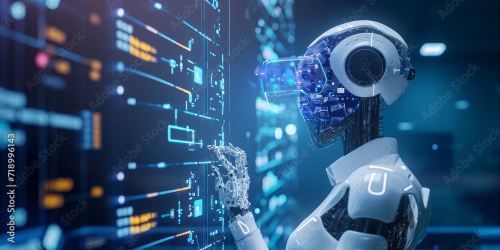 Robot humanoid using computer for big data analytic using AI thinking brain , artificial ...