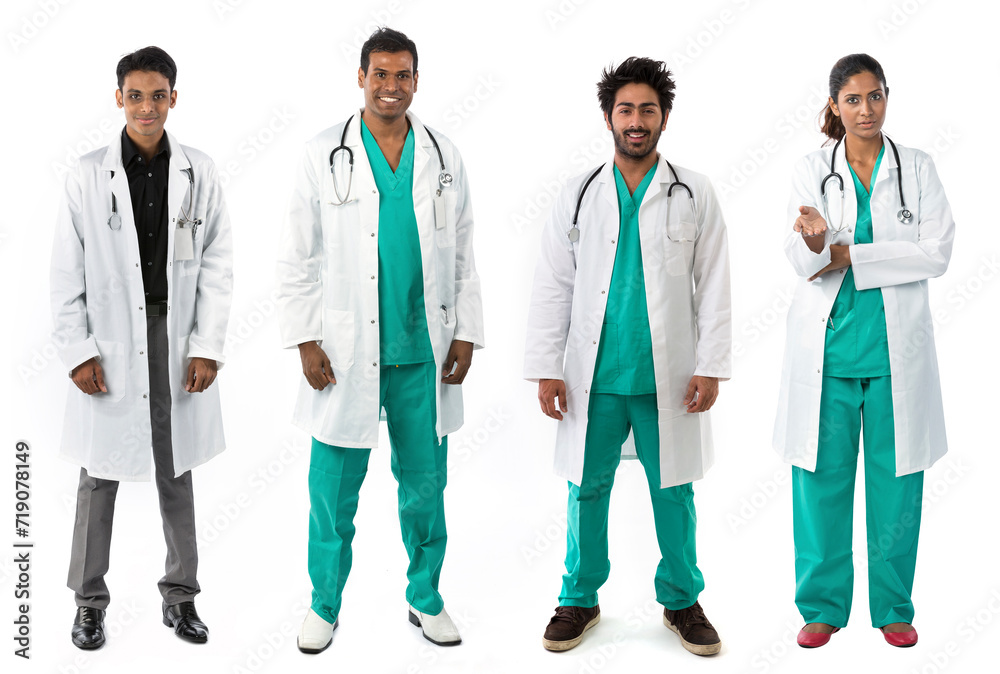 Four Indian medical professionals, three male and one female, standing ...
