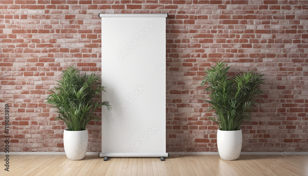 Stylish Mockup Poster Stand against Brick Wall with Plants for Wide ...