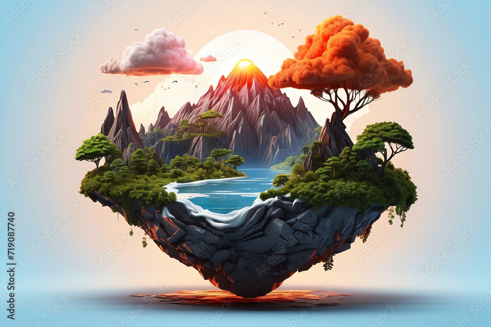 3d floating island with volcano Stock Illustration | Adobe Stock