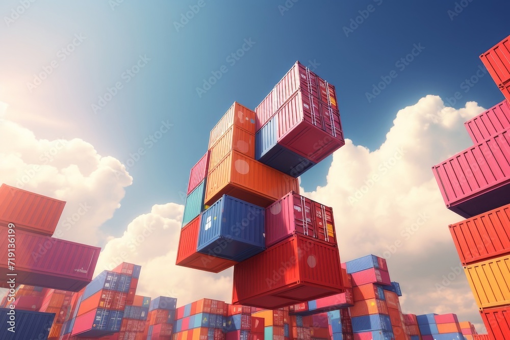 Stacked cargo containers create bustling scene in dynamic port ...