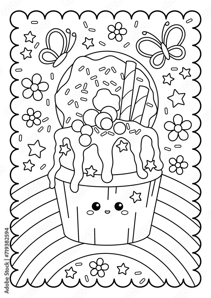 Cupcake with donut, rainbow. Kawaii characters. Sweets, dessert. Cute ...