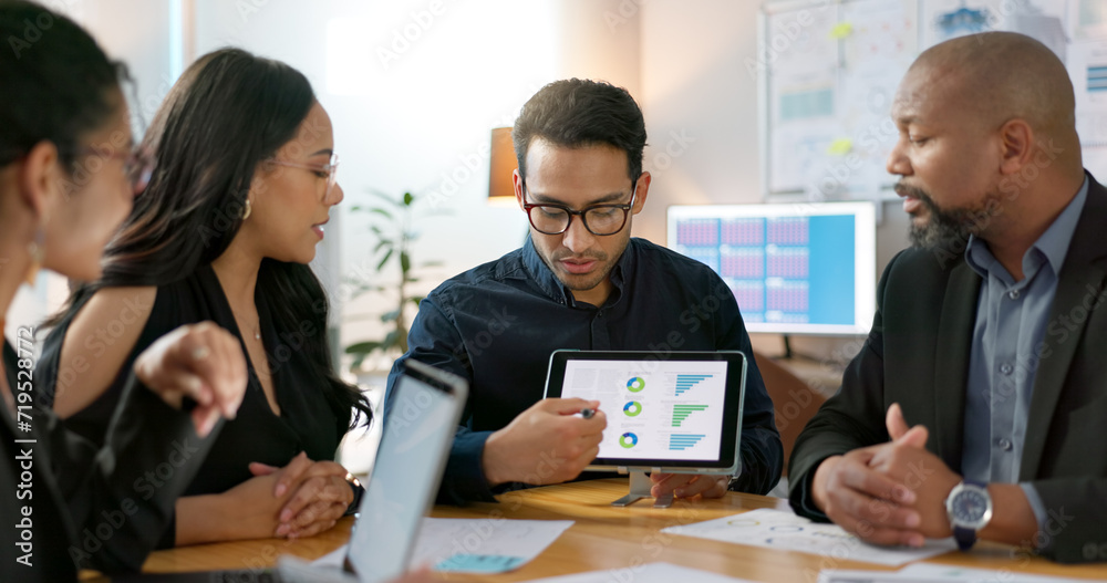 Business, team and office with presentation on tablet with smart pen ...