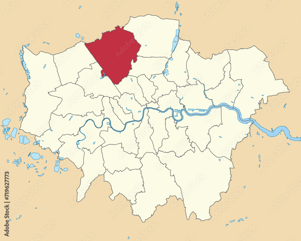 Red flat blank highlighted location map of the BOROUGH OF BARNET inside ...