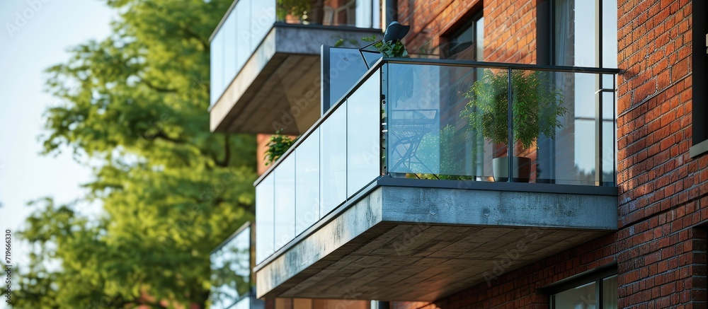 Small clean cozy glass balcony with windows city apartment red brick ...