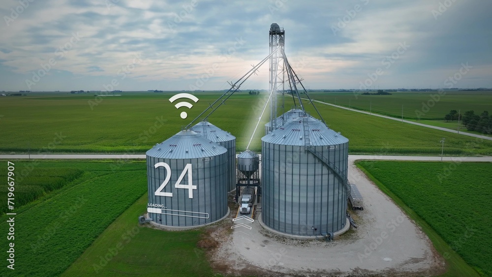 Agritech futuristic farm with silos. IoT connectivity and digital ...