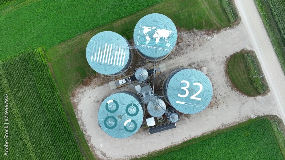 Agritech concept of grain silos with digital overlays for IOT and ...