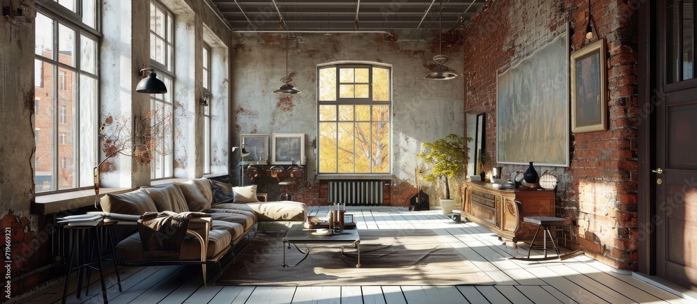 Renovated living room in the interior of an old tenement house ...