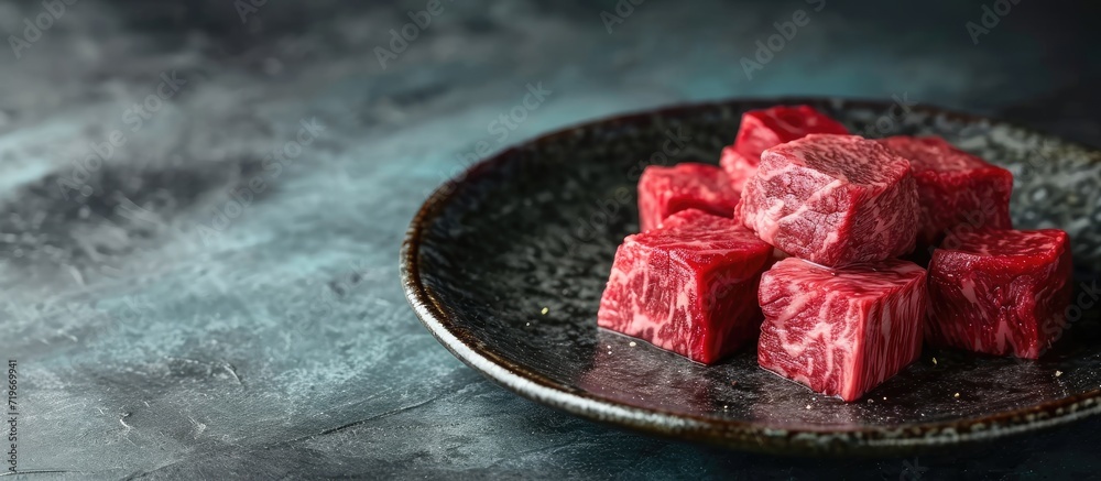 Premium Japanese wagyu diced beef cubes sliced on plate for yakiniku ...