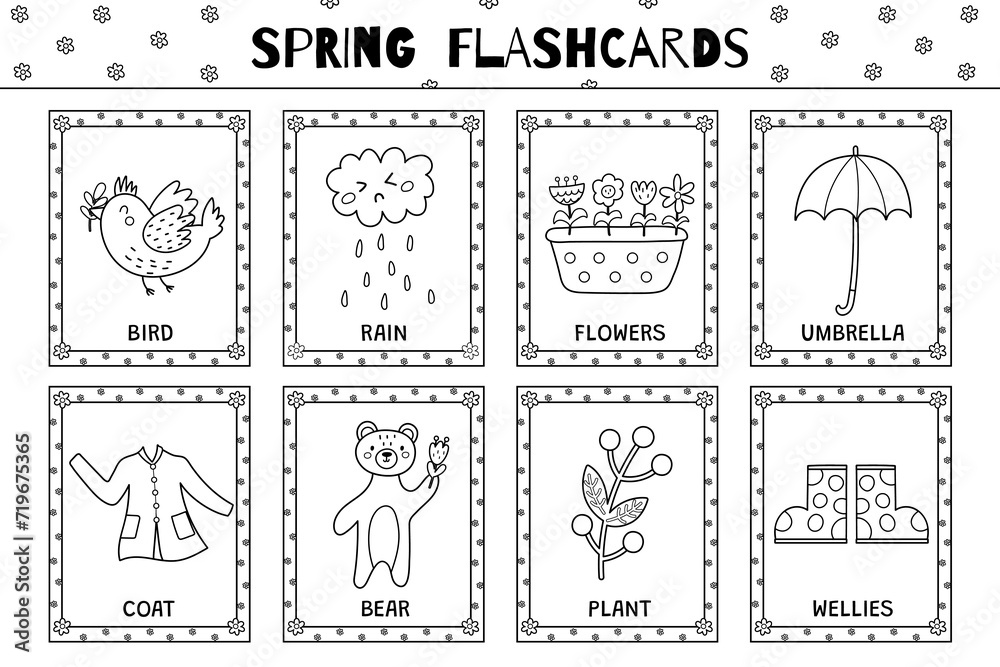 Spring flashcards black and white collection for kids. Flash cards set ...