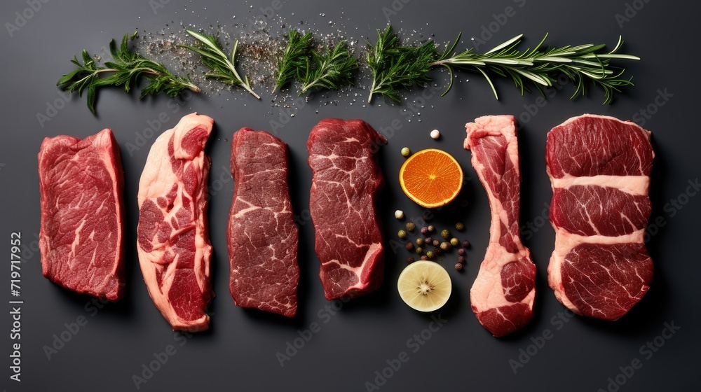 Foto de Stock top-down view to highlight the variety of steaks. This ...