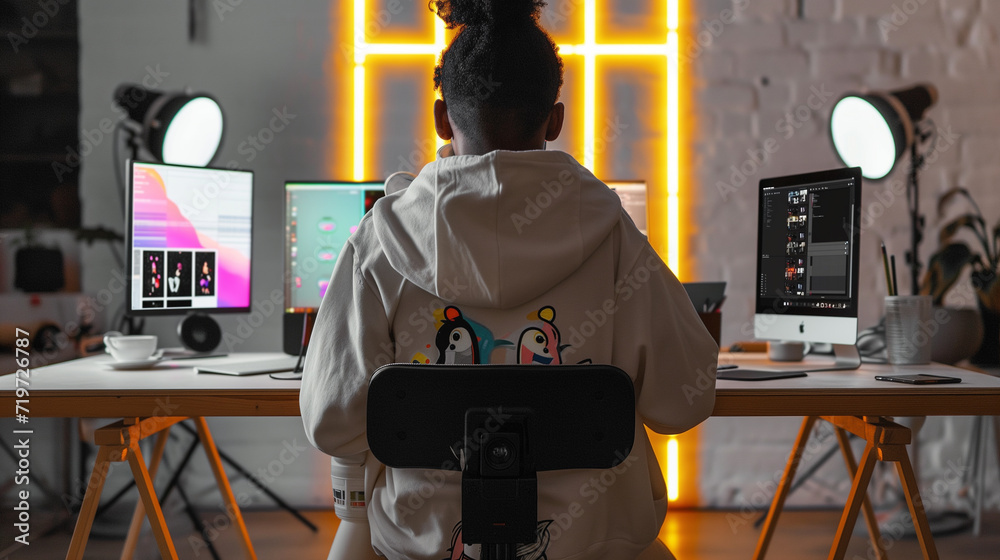 Content creator editing videos in a modern studio with neon lights and ...