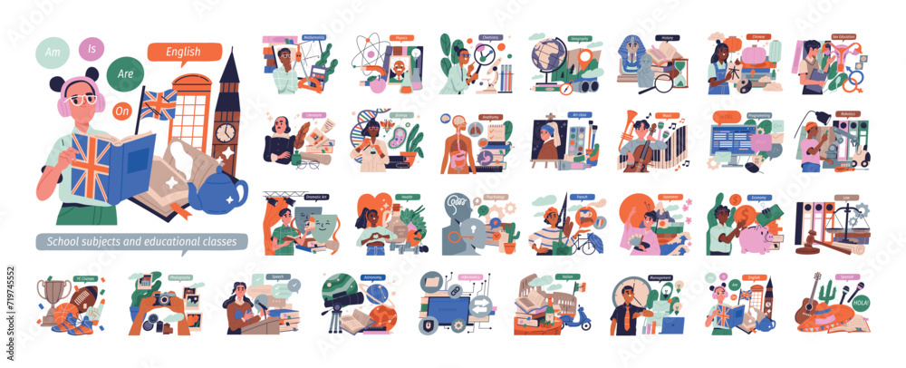 Big set of school subjects. Happy guy and girl students study different ...
