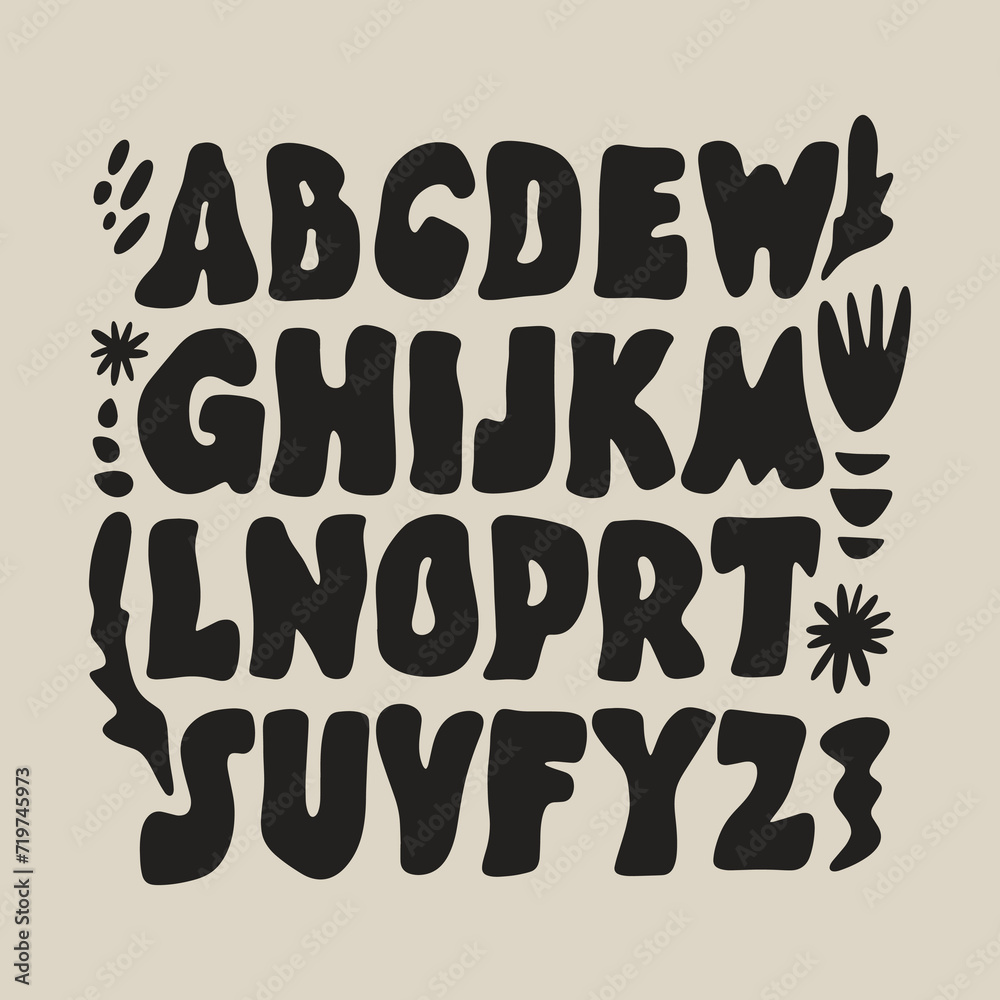 Hippie bohemian groovy postmodern funky font alphabet 1960s boho ...